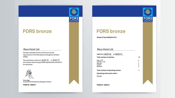 RECO Hoist Achieves FORS Bronze Accreditation